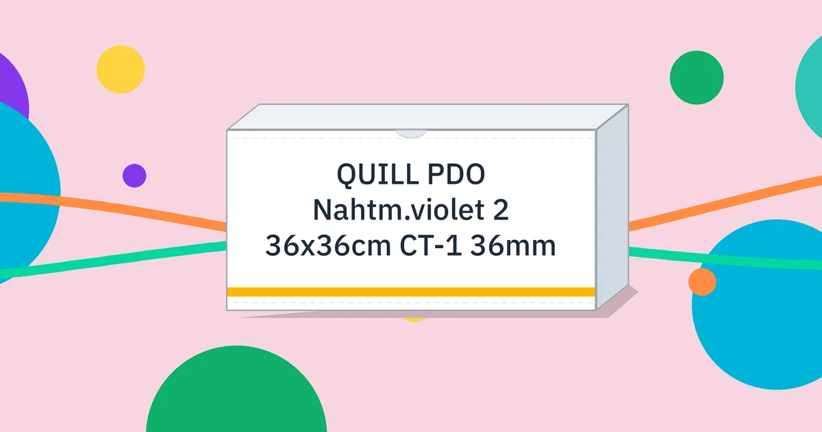 Symbolbild: Packung mit der Aufschrift QUILL PDO Nahtm.violet 2 36x36cm CT-1 36mm (PZN 17989908) – Verfügbarkeit und Bezug in Apotheken in Frankfurt am Main