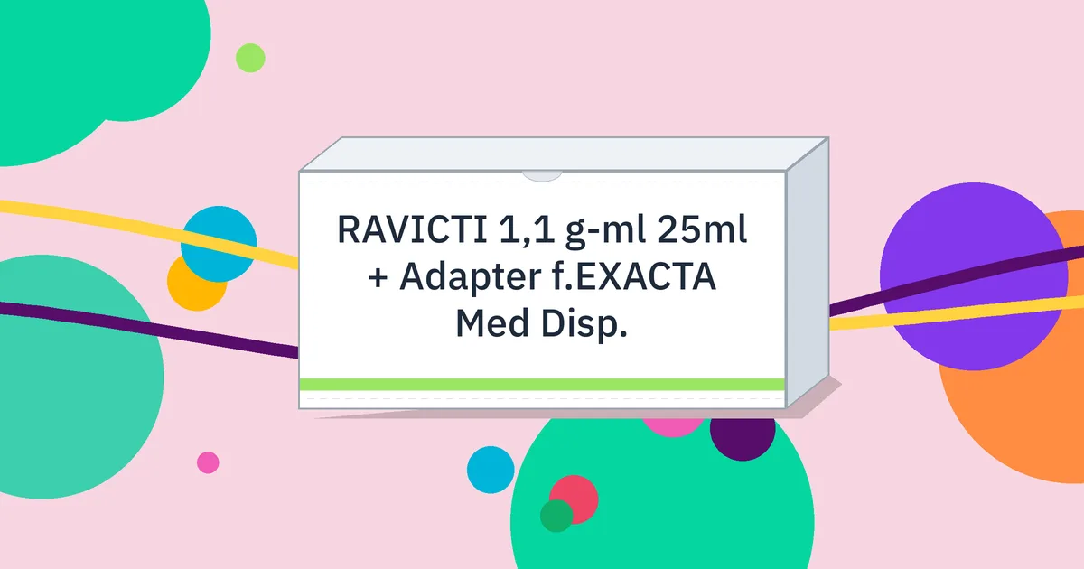 Symbolbild: Packung mit der Aufschrift RAVICTI 1,1 g-ml 25ml + Adapter f.EXACTA Med Disp. (PZN 17533083) – Verfügbarkeit und Bezug in Apotheken in Frankfurt am Main