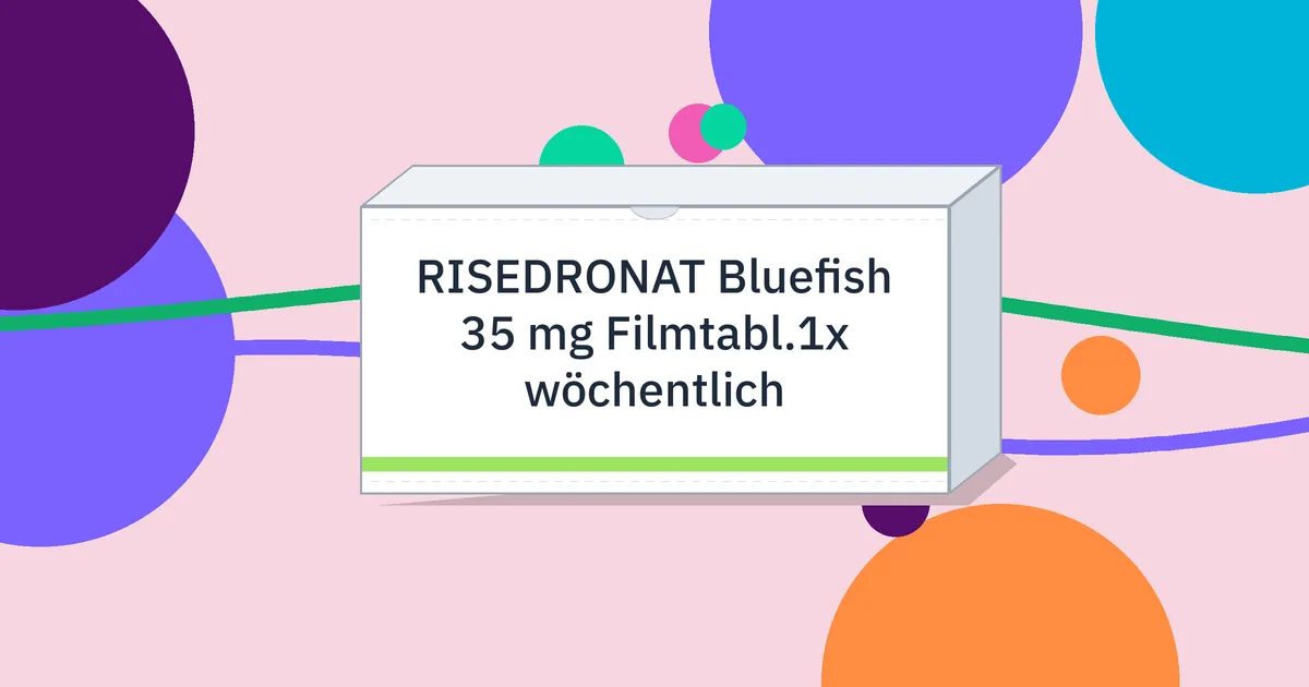 Symbolbild: Packung mit der Aufschrift RISEDRONAT Bluefish 35 mg Filmtabl.1x wöchentlich (PZN 20302430) – Verfügbarkeit und Bezug in Apotheken in Frankfurt am Main