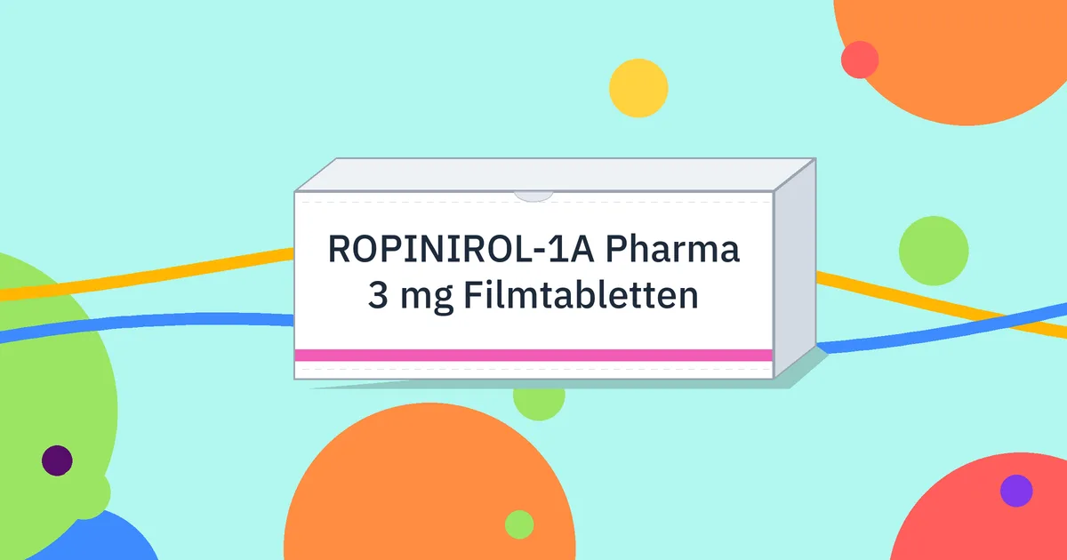 Symbolbild: Packung mit der Aufschrift ROPINIROL-1A Pharma 3 mg Filmtabletten (PZN 09062416) – Verfügbarkeit und Bezug in Apotheken in Frankfurt am Main