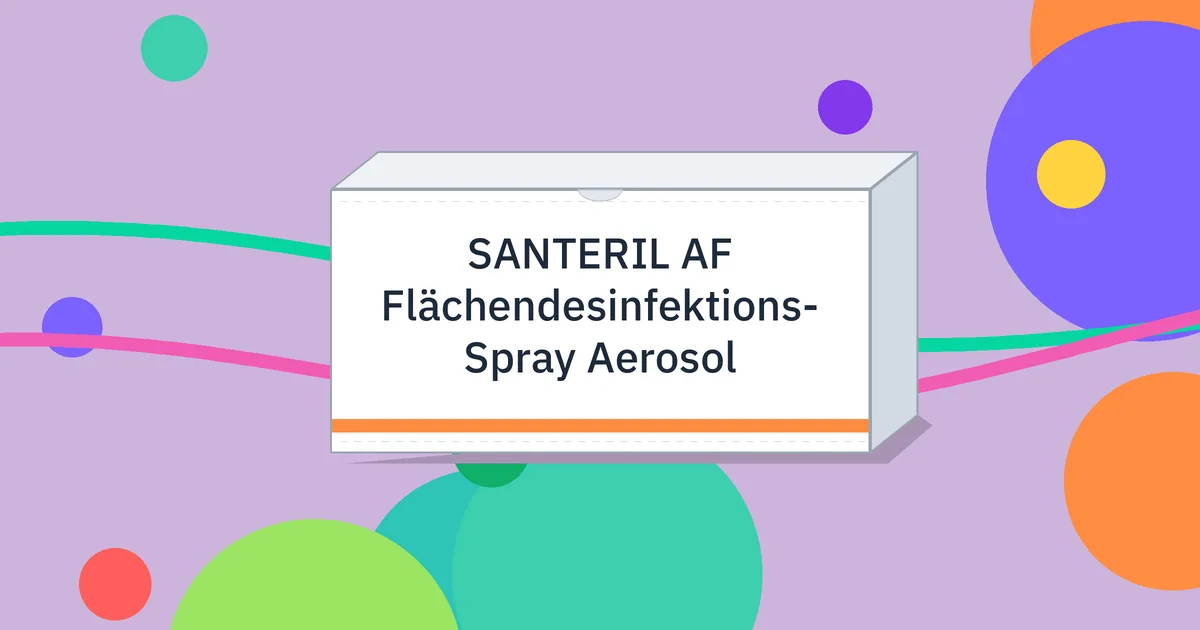 Symbolbild: Packung mit der Aufschrift SANTERIL AF Flächendesinfektions-Spray Aerosol (PZN 16802776) – Verfügbarkeit und Bezug in Apotheken in Frankfurt am Main