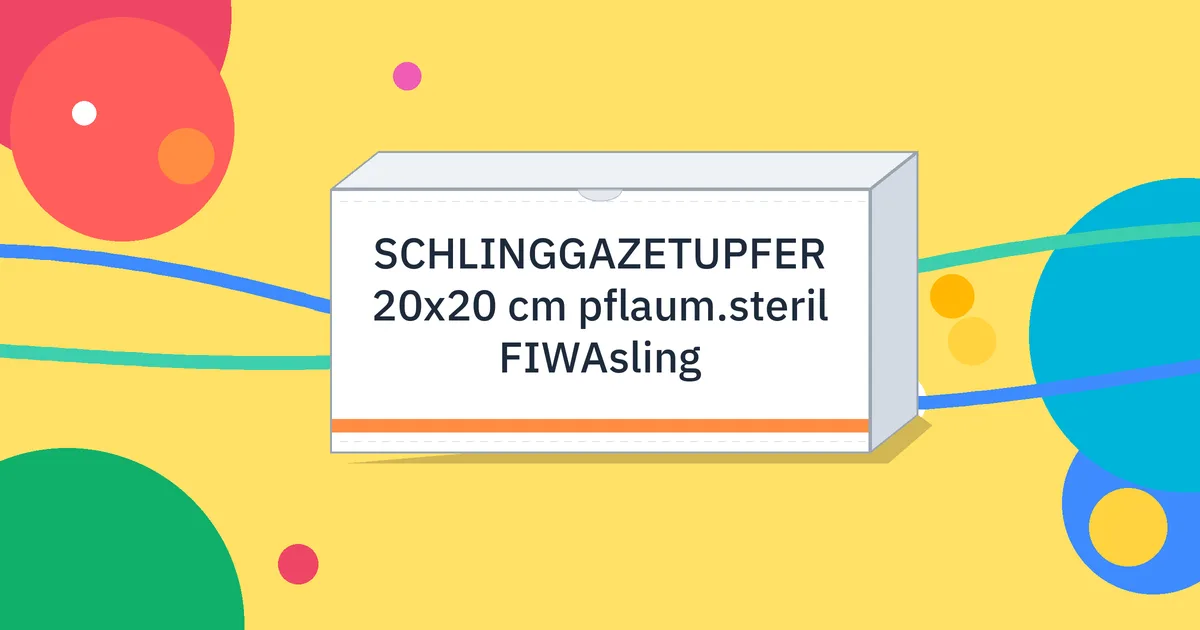 Symbolbild: Packung mit der Aufschrift SCHLINGGAZETUPFER 20x20 cm pflaum.steril FIWAsling (PZN 16657587) – Verfügbarkeit und Bezug in Apotheken in Frankfurt am Main