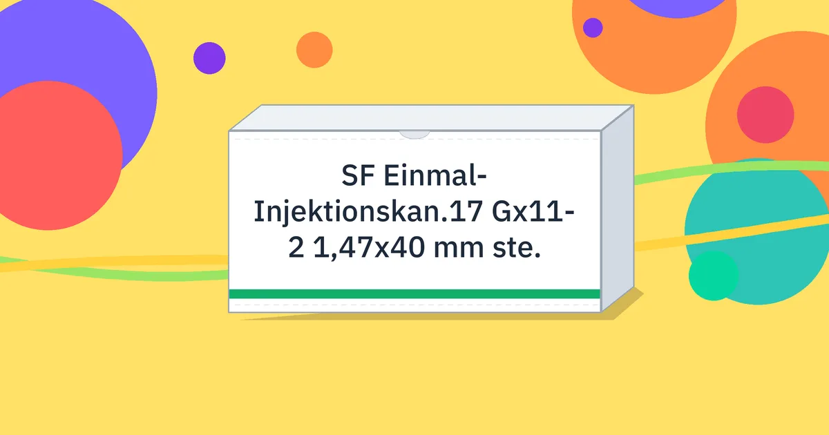 Symbolbild: Packung mit der Aufschrift SF Einmal-Injektionskan.17 Gx11-2 1,47x40 mm ste. (PZN 17280676) – Verfügbarkeit und Bezug in Apotheken in Frankfurt am Main