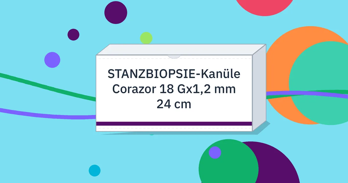 Symbolbild: Packung mit der Aufschrift STANZBIOPSIE-Kanüle Corazor 18 Gx1,2 mm 24 cm (PZN 20096143) – Verfügbarkeit und Bezug in Apotheken in Frankfurt am Main