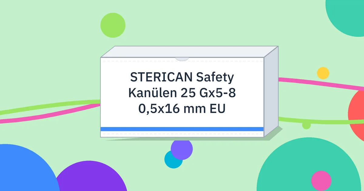 Symbolbild: Packung mit der Aufschrift STERICAN Safety Kanülen 25 Gx5-8 0,5x16 mm EU (PZN 15565707) – Verfügbarkeit und Bezug in Apotheken in Frankfurt am Main