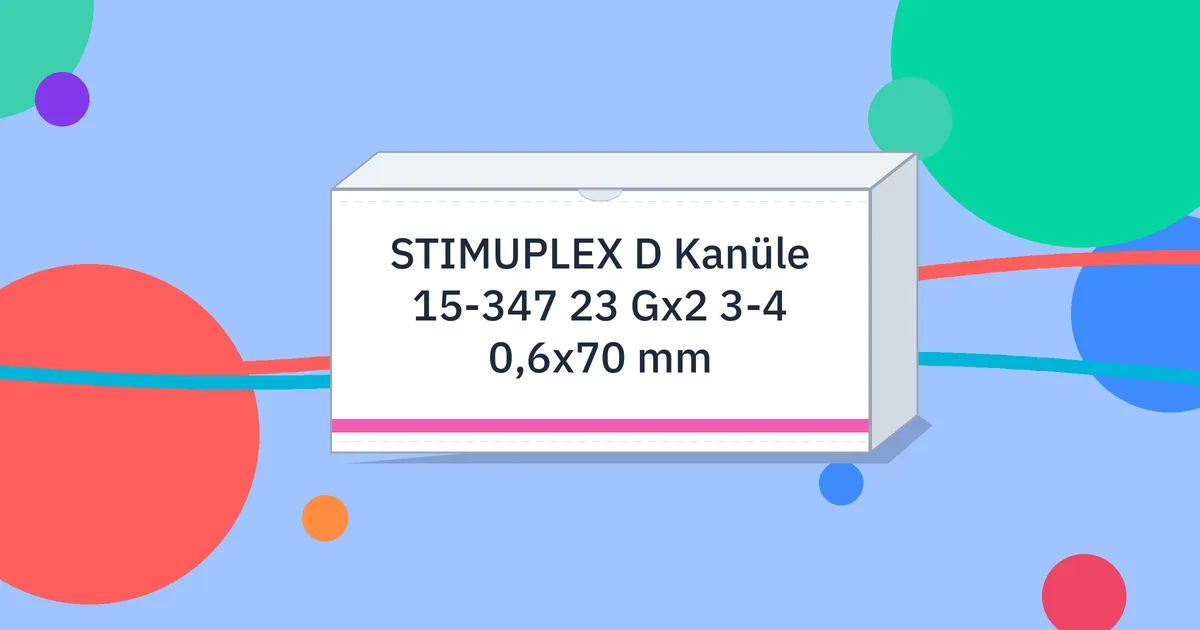 Symbolbild: Packung mit der Aufschrift STIMUPLEX D Kanüle 15-347 23 Gx2 3-4 0,6x70 mm (PZN 14138334) – Verfügbarkeit und Bezug in Apotheken in Frankfurt am Main