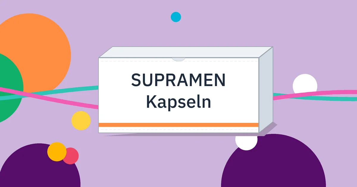 Symbolbild: Packung mit der Aufschrift SUPRAMEN Kapseln (PZN 20512788) – Verfügbarkeit und Bezug in Apotheken in Frankfurt am Main