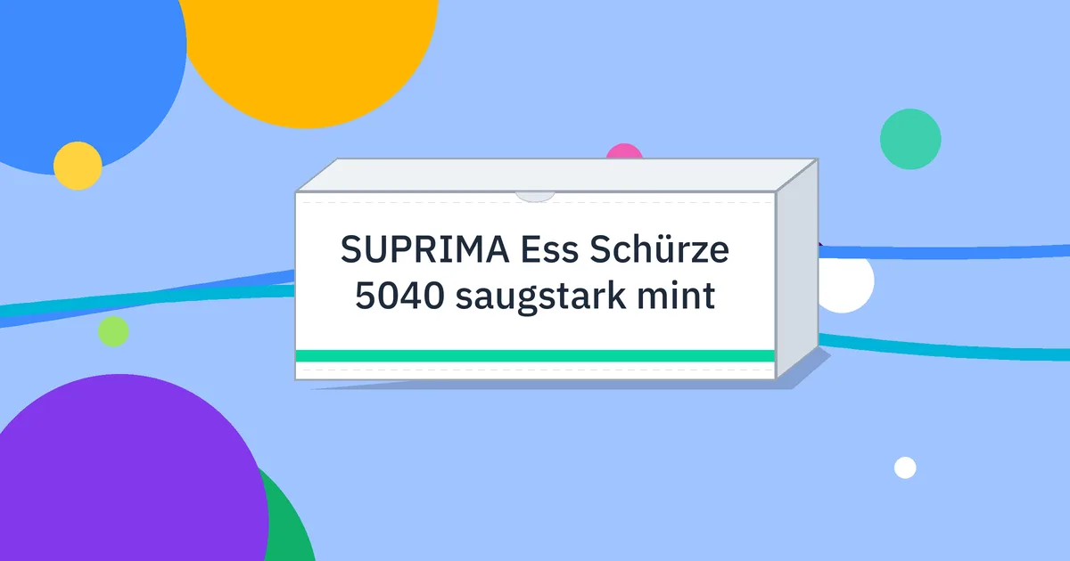 Symbolbild: Packung mit der Aufschrift SUPRIMA Ess Schürze 5040 saugstark mint (PZN 10168692) – Verfügbarkeit und Bezug in Apotheken in Frankfurt am Main