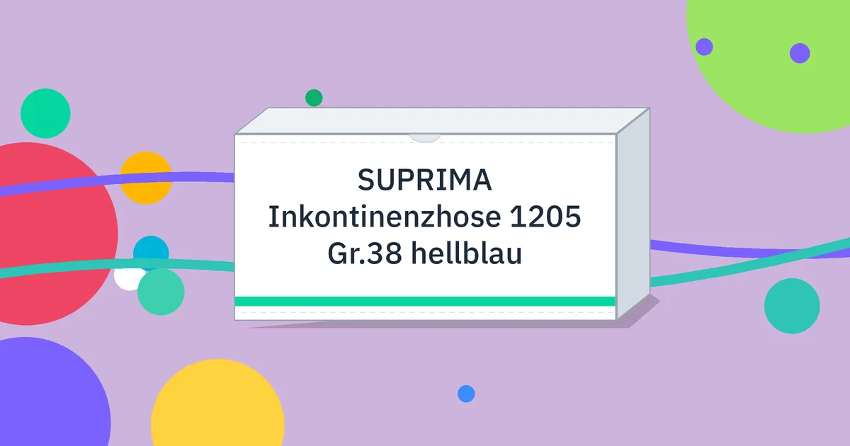 Symbolbild: Packung mit der Aufschrift SUPRIMA Inkontinenzhose 1205 Gr.38 hellblau (PZN 03020374) – Verfügbarkeit und Bezug in Apotheken in Frankfurt am Main