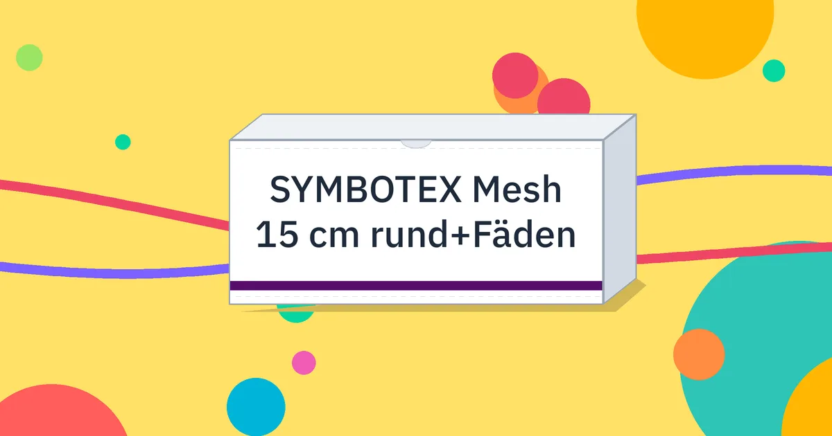 Symbolbild: Packung mit der Aufschrift SYMBOTEX Mesh 15 cm rund+Fäden (PZN 10631084) – Verfügbarkeit und Bezug in Apotheken in Frankfurt am Main