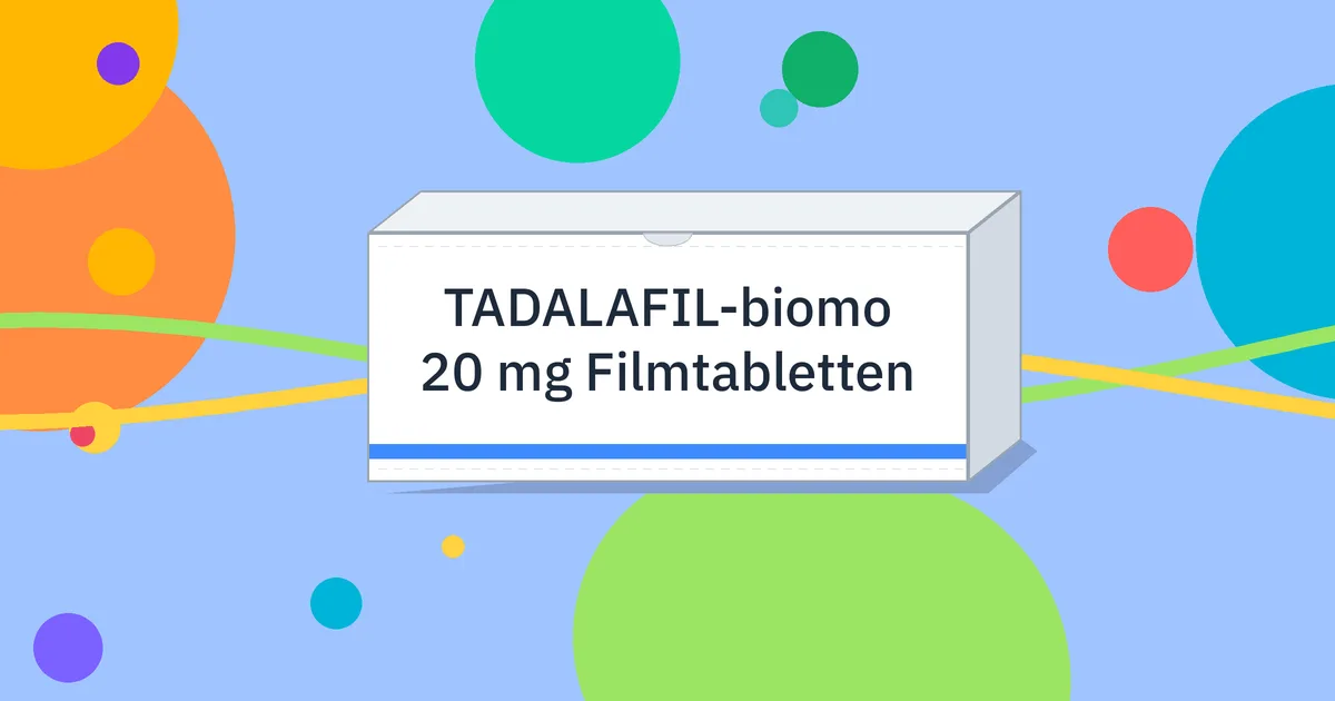 Symbolbild: Packung mit der Aufschrift TADALAFIL-biomo 20 mg Filmtabletten (PZN 12725501) – Verfügbarkeit und Bezug in Apotheken in Frankfurt am Main
