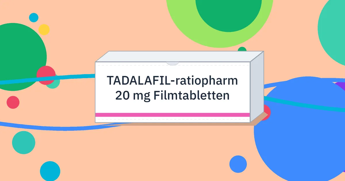Symbolbild: Packung mit der Aufschrift TADALAFIL-ratiopharm 20 mg Filmtabletten (PZN 13720345) – Verfügbarkeit und Bezug in Apotheken in Frankfurt am Main