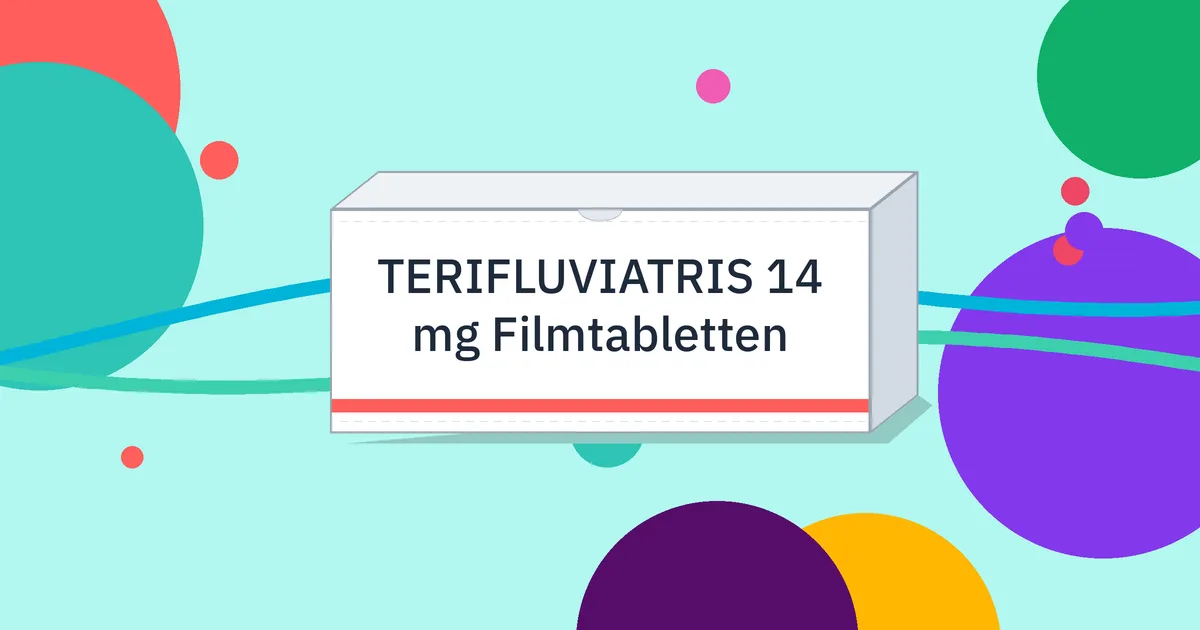 Symbolbild: Packung mit der Aufschrift TERIFLUVIATRIS 14 mg Filmtabletten (PZN 19972289) – Verfügbarkeit und Bezug in Apotheken in Frankfurt am Main