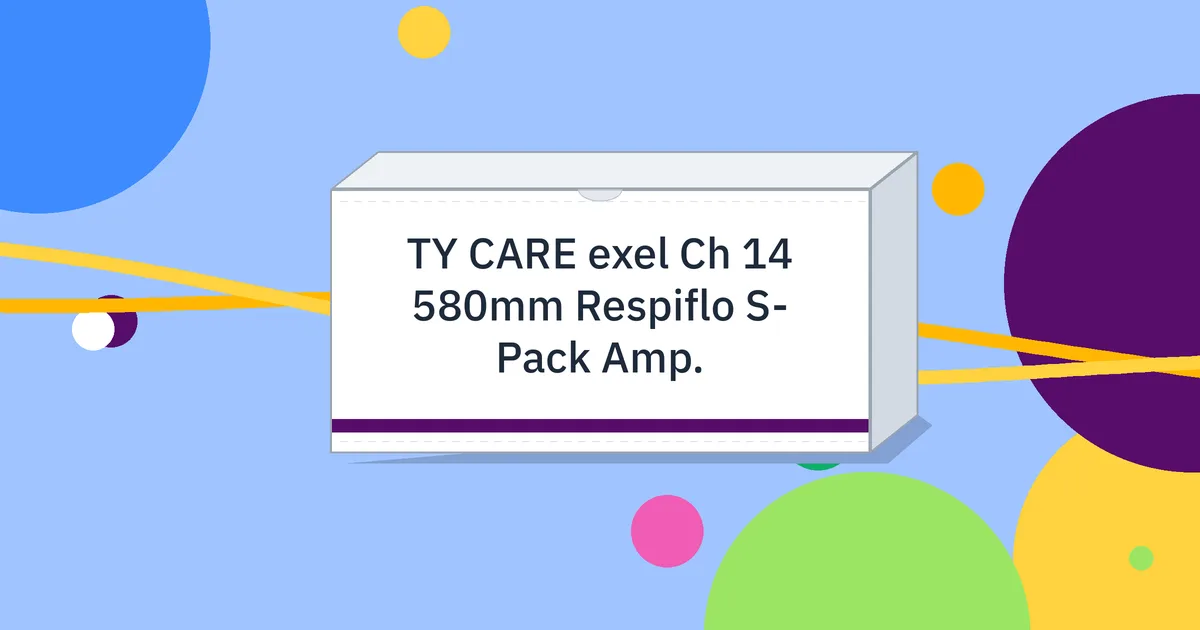 Symbolbild: Packung mit der Aufschrift TY CARE exel Ch 14 580mm Respiflo S-Pack Amp. (PZN 00818456) – Verfügbarkeit und Bezug in Apotheken in Frankfurt am Main