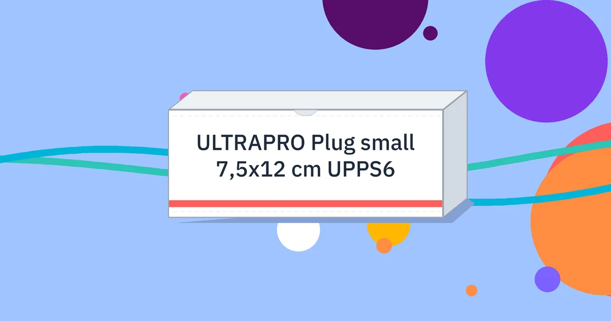 Symbolbild: Packung mit der Aufschrift ULTRAPRO Plug small 7,5x12 cm UPPS6 (PZN 20852395) – Verfügbarkeit und Bezug in Apotheken in Frankfurt am Main