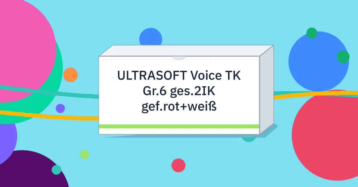 Symbolbild: Packung mit der Aufschrift ULTRASOFT Voice TK Gr.6 ges.2IK gef.rot+weiß (PZN 10731377) – Verfügbarkeit und Bezug in Apotheken in Frankfurt am Main