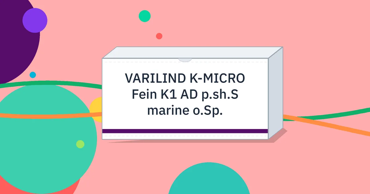 Symbolbild: Packung mit der Aufschrift VARILIND K-MICRO Fein K1 AD p.sh.S marine o.Sp. (PZN 20557615) – Verfügbarkeit und Bezug in Apotheken in Frankfurt am Main