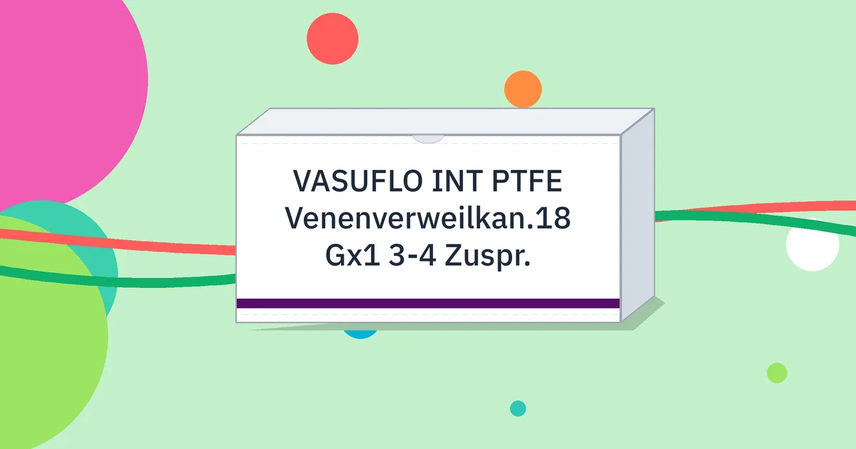 Symbolbild: Packung mit der Aufschrift VASUFLO INT PTFE Venenverweilkan.18 Gx1 3-4 Zuspr. (PZN 18387040) – Verfügbarkeit und Bezug in Apotheken in Frankfurt am Main