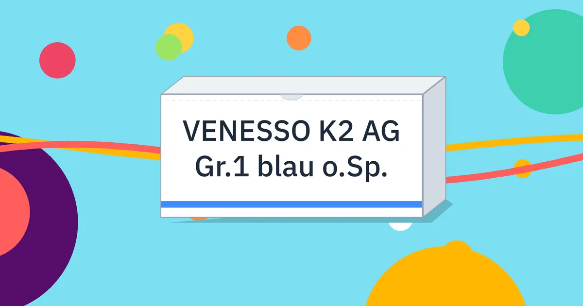 Symbolbild: Packung mit der Aufschrift VENESSO K2 AG Gr.1 blau o.Sp. (PZN 03280371) – Verfügbarkeit und Bezug in Apotheken in Frankfurt am Main
