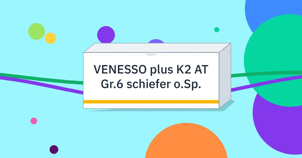 Symbolbild: Packung mit der Aufschrift VENESSO plus K2 AT Gr.6 schiefer o.Sp. (PZN 03288579) – Verfügbarkeit und Bezug in Apotheken in Frankfurt am Main
