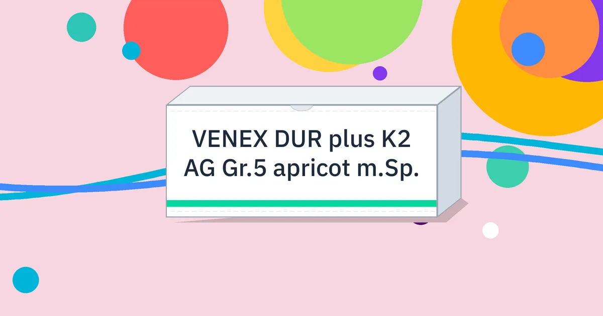 Symbolbild: Packung mit der Aufschrift VENEX DUR plus K2 AG Gr.5 apricot m.Sp. (PZN 03235301) – Verfügbarkeit und Bezug in Apotheken in Frankfurt am Main