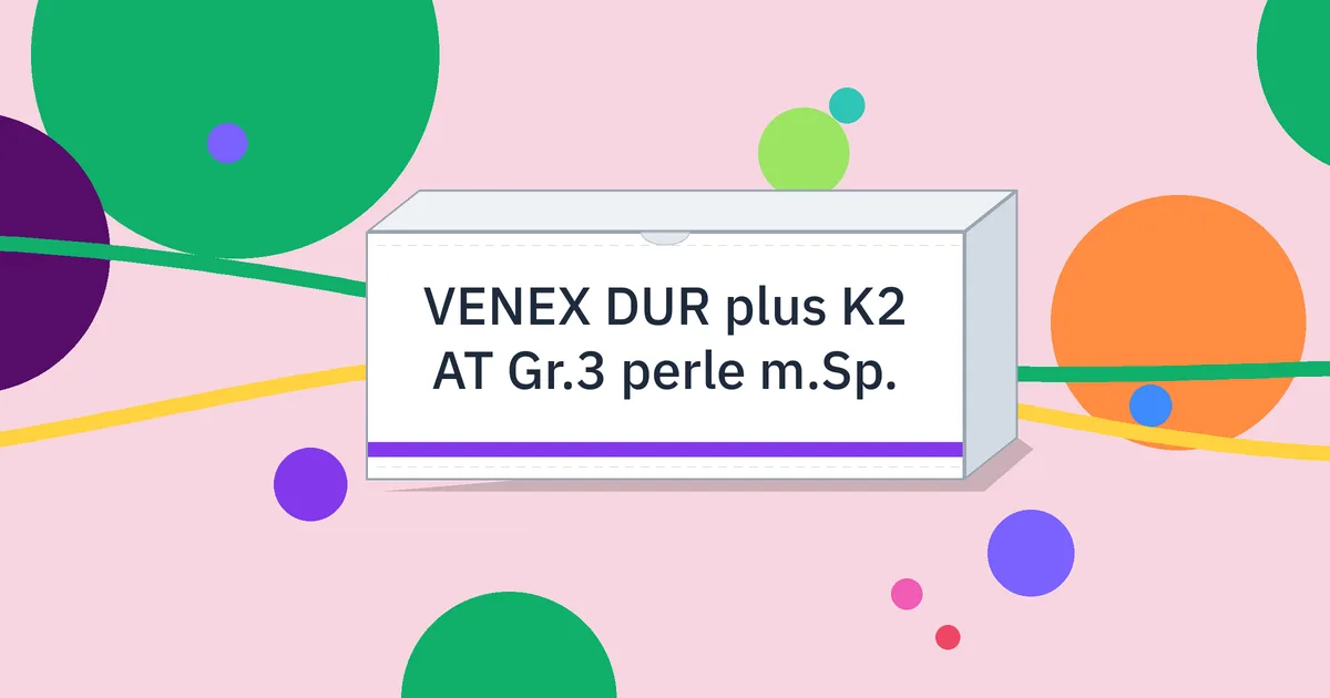 Symbolbild: Packung mit der Aufschrift VENEX DUR plus K2 AT Gr.3 perle m.Sp. (PZN 03234276) – Verfügbarkeit und Bezug in Apotheken in Frankfurt am Main