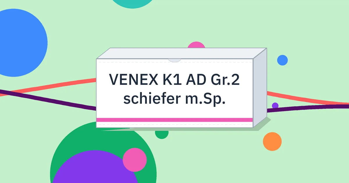 Symbolbild: Packung mit der Aufschrift VENEX K1 AD Gr.2 schiefer m.Sp. (PZN 03184153) – Verfügbarkeit und Bezug in Apotheken in Frankfurt am Main
