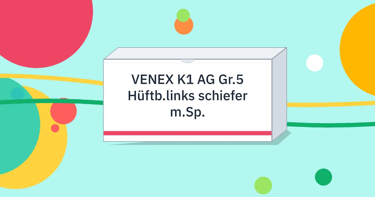 Symbolbild: Packung mit der Aufschrift VENEX K1 AG Gr.5 Hüftb.links schiefer m.Sp. (PZN 03200679) – Verfügbarkeit und Bezug in Apotheken in Frankfurt am Main