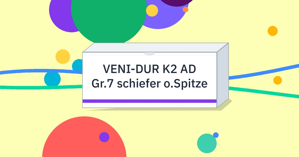Symbolbild: Packung mit der Aufschrift VENI-DUR K2 AD Gr.7 schiefer o.Spitze (PZN 03243507) – Verfügbarkeit und Bezug in Apotheken in Frankfurt am Main