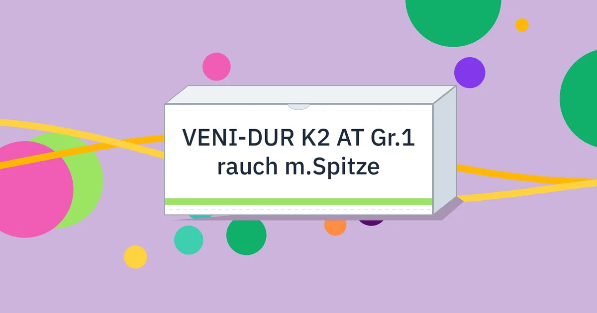 Symbolbild: Packung mit der Aufschrift VENI-DUR K2 AT Gr.1 rauch m.Spitze (PZN 08687775) – Verfügbarkeit und Bezug in Apotheken in Frankfurt am Main