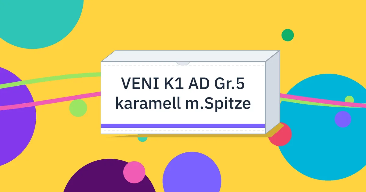 Symbolbild: Packung mit der Aufschrift VENI K1 AD Gr.5 karamell m.Spitze (PZN 13756053) – Verfügbarkeit und Bezug in Apotheken in Frankfurt am Main
