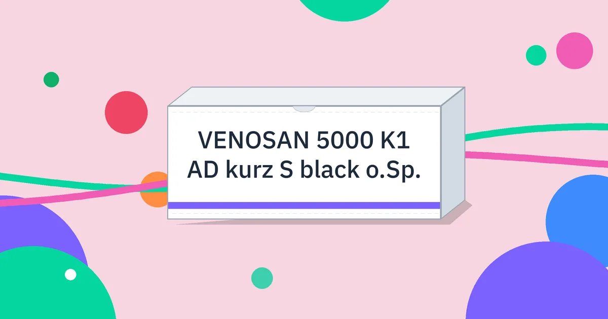 Symbolbild: Packung mit der Aufschrift VENOSAN 5000 K1 AD kurz S black o.Sp. (PZN 14432482) – Verfügbarkeit und Bezug in Apotheken in Frankfurt am Main