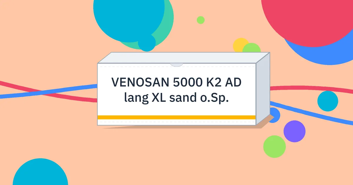 Symbolbild: Packung mit der Aufschrift VENOSAN 5000 K2 AD lang XL sand o.Sp. (PZN 14428546) – Verfügbarkeit und Bezug in Apotheken in Frankfurt am Main