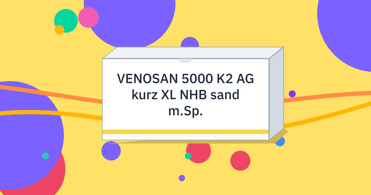 Symbolbild: Packung mit der Aufschrift VENOSAN 5000 K2 AG kurz XL NHB sand m.Sp. (PZN 14429037) – Verfügbarkeit und Bezug in Apotheken in Frankfurt am Main