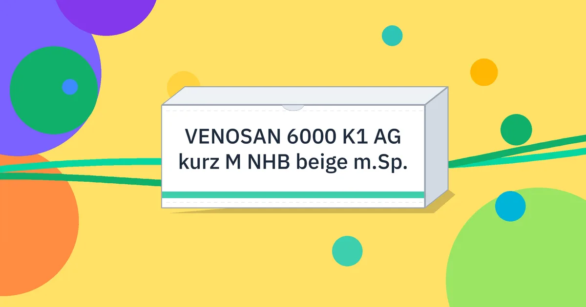 Symbolbild: Packung mit der Aufschrift VENOSAN 6000 K1 AG kurz M NHB beige m.Sp. (PZN 17171639) – Verfügbarkeit und Bezug in Apotheken in Frankfurt am Main