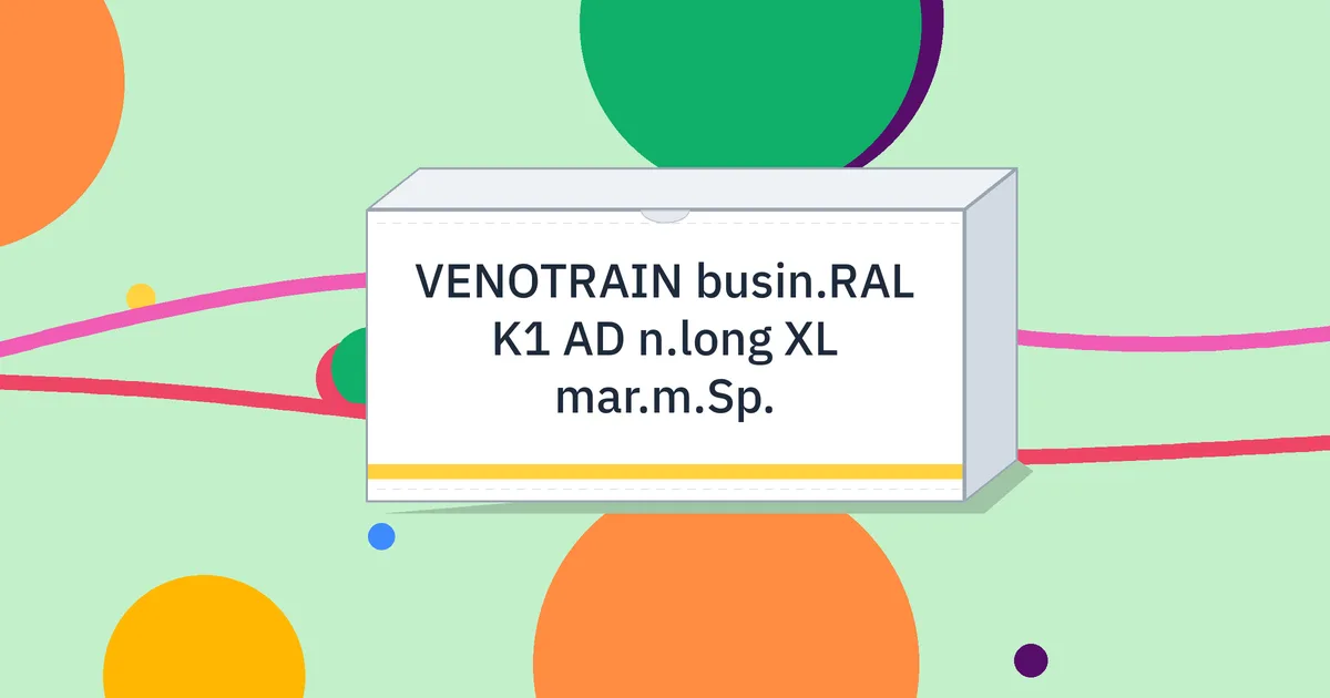 Symbolbild: Packung mit der Aufschrift VENOTRAIN busin.RAL K1 AD n.long XL mar.m.Sp. (PZN 06948326) – Verfügbarkeit und Bezug in Apotheken in Frankfurt am Main