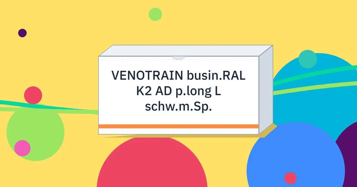 Symbolbild: Packung mit der Aufschrift VENOTRAIN busin.RAL K2 AD p.long L schw.m.Sp. (PZN 06949662) – Verfügbarkeit und Bezug in Apotheken in Frankfurt am Main