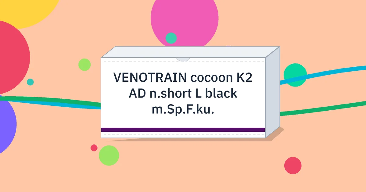 Symbolbild: Packung mit der Aufschrift VENOTRAIN cocoon K2 AD n.short L black m.Sp.F.ku. (PZN 14401665) – Verfügbarkeit und Bezug in Apotheken in Frankfurt am Main