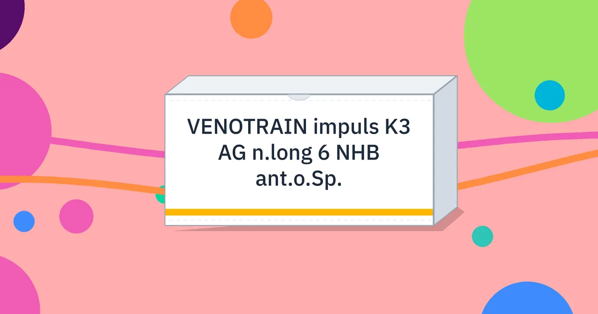 Symbolbild: Packung mit der Aufschrift VENOTRAIN impuls K3 AG n.long 6 NHB ant.o.Sp. (PZN 15216214) – Verfügbarkeit und Bezug in Apotheken in Frankfurt am Main