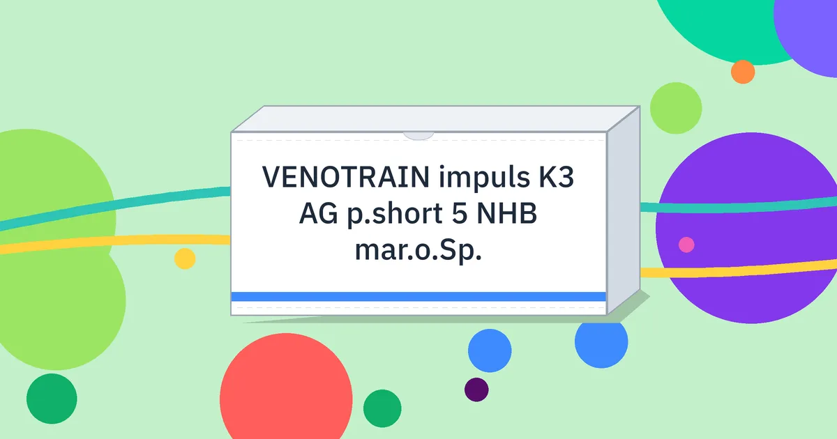 Symbolbild: Packung mit der Aufschrift VENOTRAIN impuls K3 AG p.short 5 NHB mar.o.Sp. (PZN 15215700) – Verfügbarkeit und Bezug in Apotheken in Frankfurt am Main