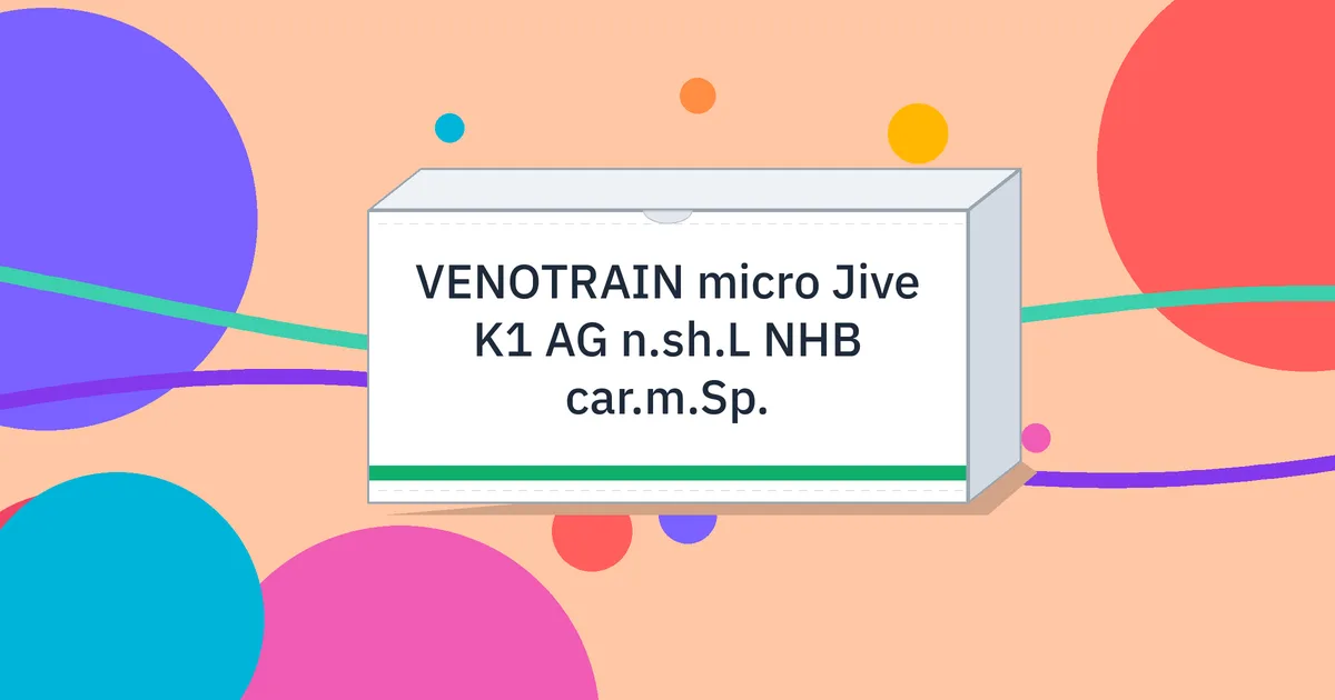 Symbolbild: Packung mit der Aufschrift VENOTRAIN micro Jive K1 AG n.sh.L NHB car.m.Sp. (PZN 17764121) – Verfügbarkeit und Bezug in Apotheken in Frankfurt am Main