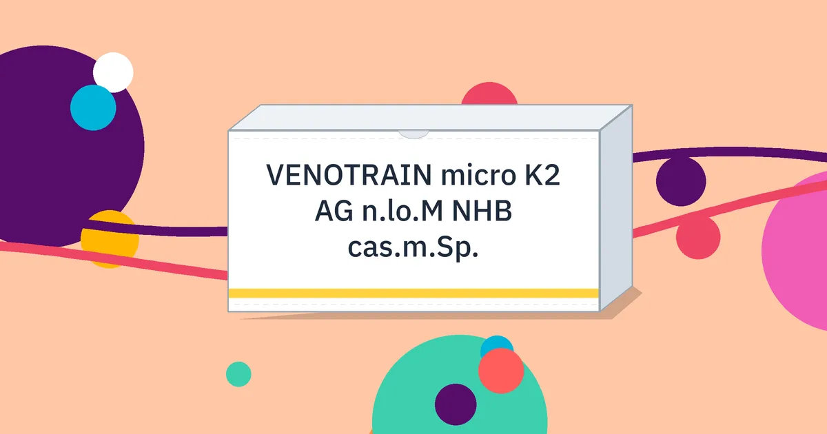 Symbolbild: Packung mit der Aufschrift VENOTRAIN micro K2 AG n.lo.M NHB cas.m.Sp. (PZN 20760842) – Verfügbarkeit und Bezug in Apotheken in Frankfurt am Main