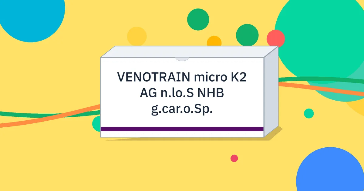 Symbolbild: Packung mit der Aufschrift VENOTRAIN micro K2 AG n.lo.S NHB g.car.o.Sp. (PZN 05999540) – Verfügbarkeit und Bezug in Apotheken in Frankfurt am Main