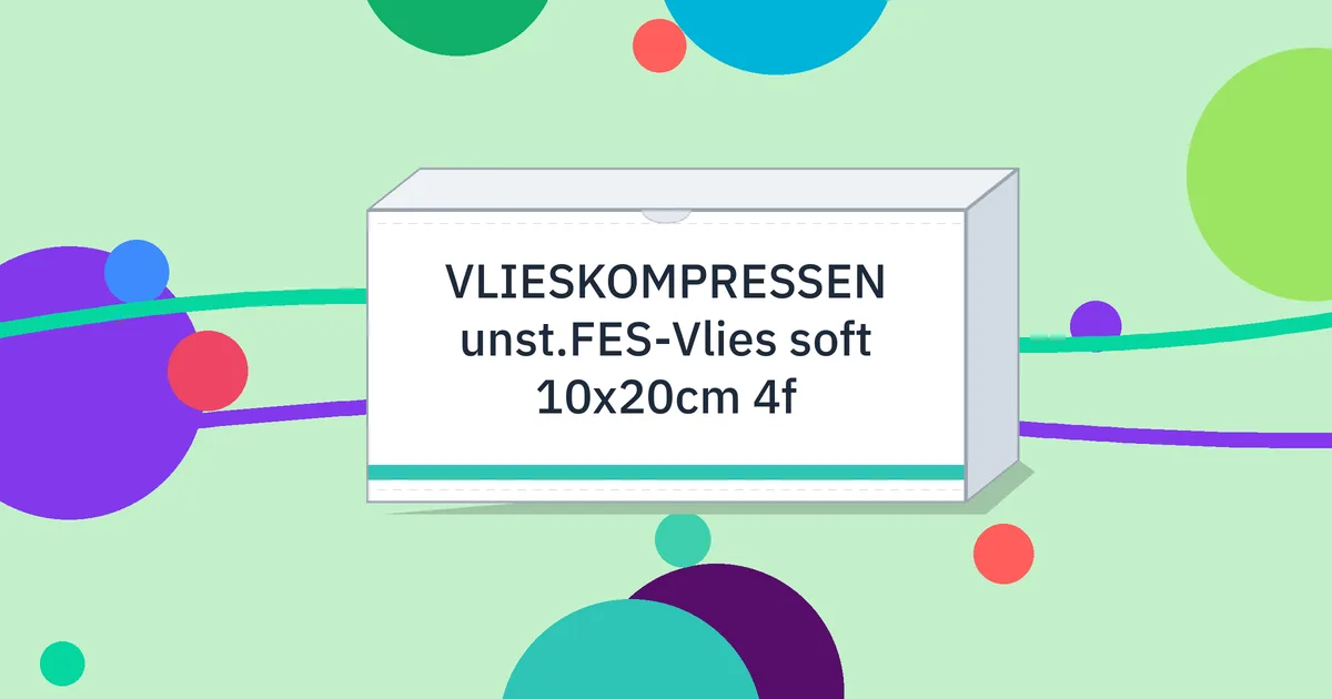 Symbolbild: Packung mit der Aufschrift VLIESKOMPRESSEN unst.FES-Vlies soft 10x20cm 4f (PZN 19799371) – Verfügbarkeit und Bezug in Apotheken in Frankfurt am Main