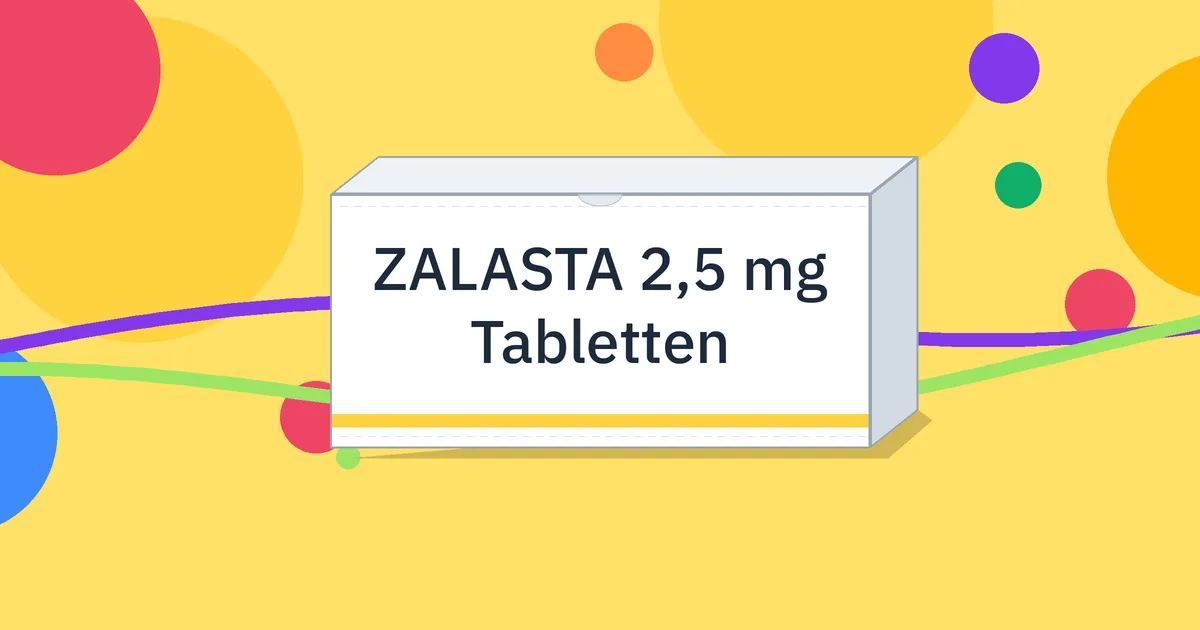 Symbolbild: Packung mit der Aufschrift ZALASTA 2,5 mg Tabletten (PZN 09097604) – Verfügbarkeit und Bezug in Apotheken in Frankfurt am Main