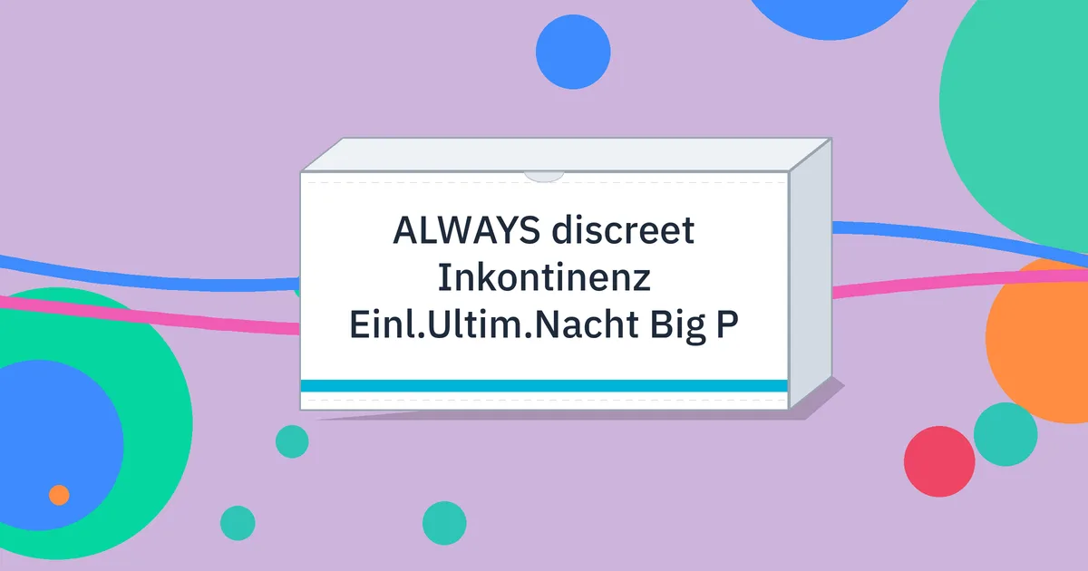 Symbolbild: Packung mit der Aufschrift ALWAYS discreet Inkontinenz Einl.Ultim.Nacht Big P (PZN 19224920) – Verfügbarkeit und Bezug in Apotheken in Frankfurt am Main