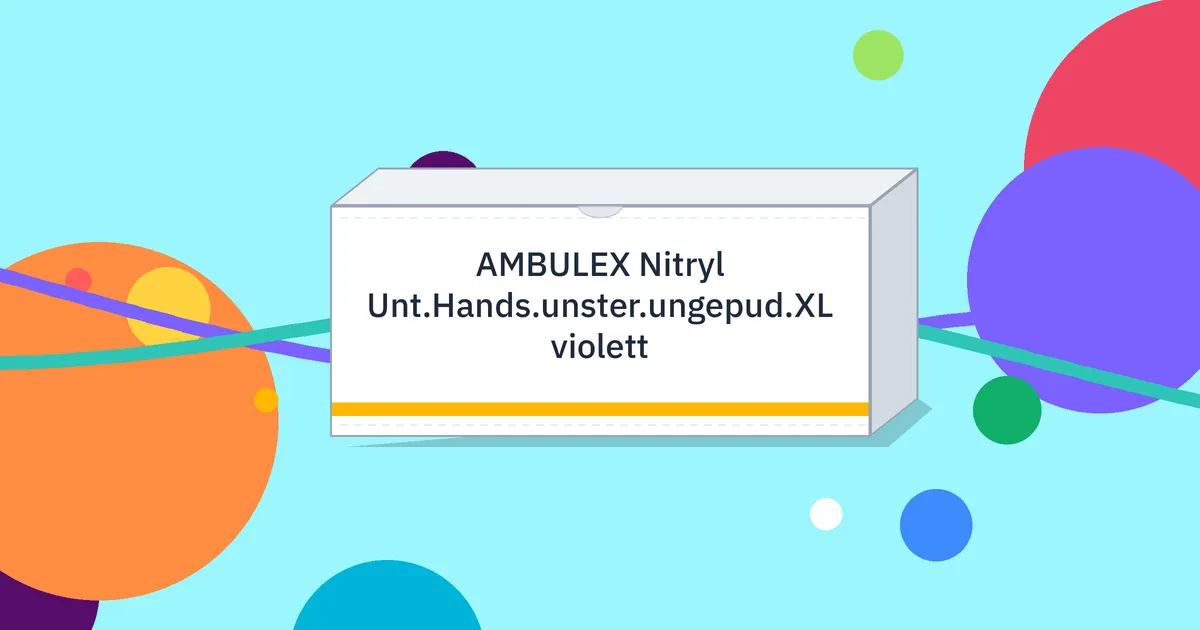 Symbolbild: Packung mit der Aufschrift AMBULEX Nitryl Unt.Hands.unster.ungepud.XL violett (PZN 20009457) – Verfügbarkeit und Bezug in Apotheken in Frankfurt am Main