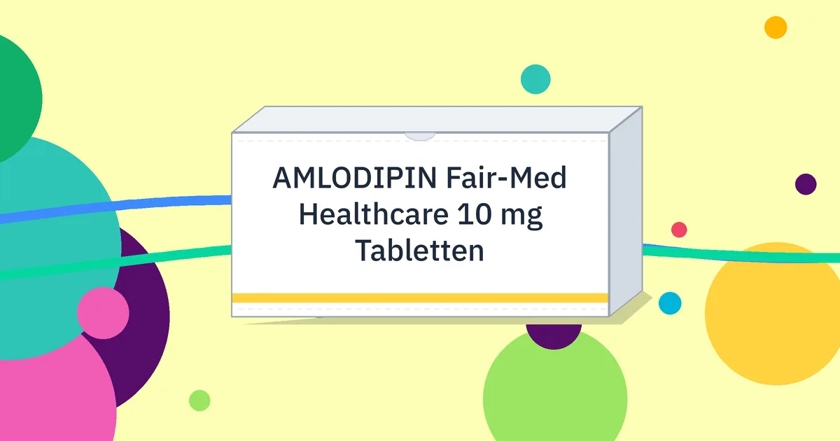 Symbolbild: Packung mit der Aufschrift AMLODIPIN Fair-Med Healthcare 10 mg Tabletten (PZN 10420542) – Verfügbarkeit und Bezug in Apotheken in Frankfurt am Main