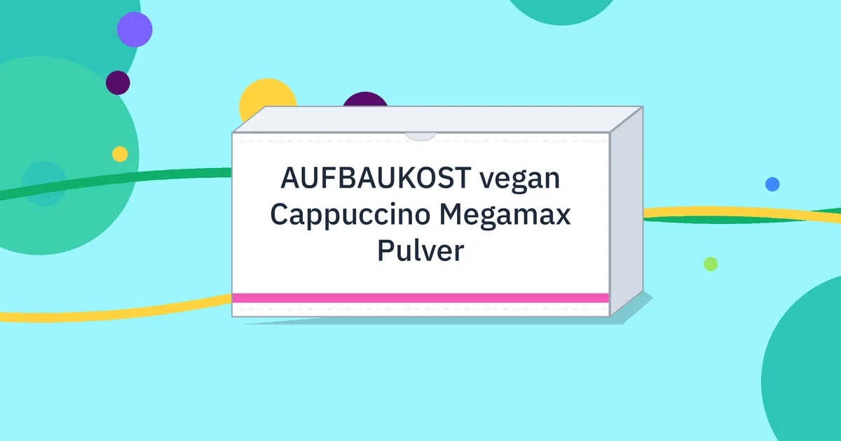 Symbolbild: Packung mit der Aufschrift AUFBAUKOST vegan Cappuccino Megamax Pulver (PZN 18497248) – Verfügbarkeit und Bezug in Apotheken in Frankfurt am Main