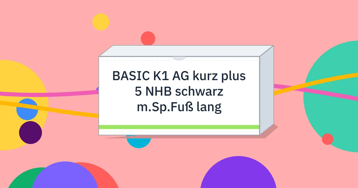 Symbolbild: Packung mit der Aufschrift BASIC K1 AG kurz plus 5 NHB schwarz m.Sp.Fuß lang (PZN 20261317) – Verfügbarkeit und Bezug in Apotheken in Frankfurt am Main